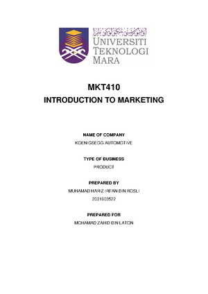 MKT 410 Assignment 1 - introduction to marketing - UiTM - Studocu