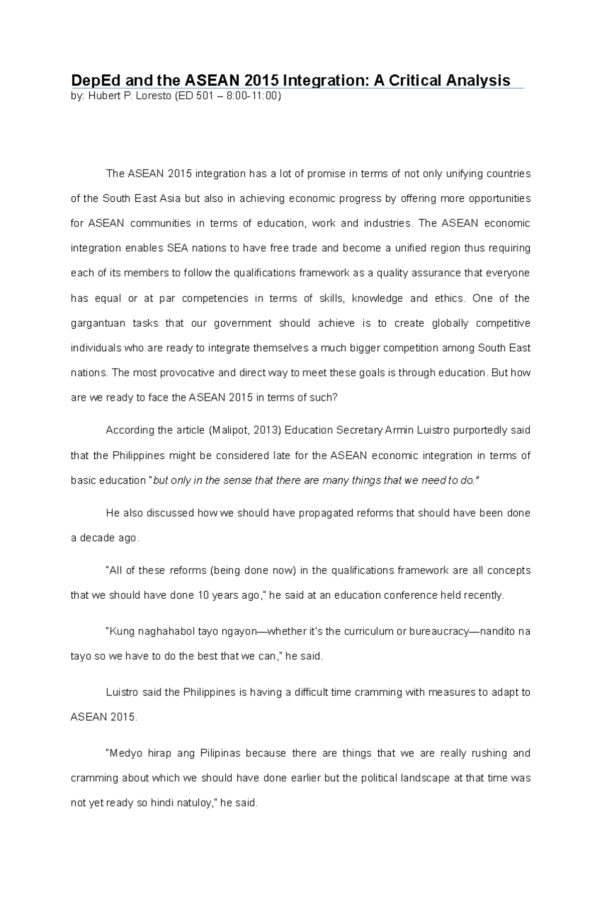 Dep Ed and the Asean 2015 Integration - DepEd and the ASEAN 2015 ...