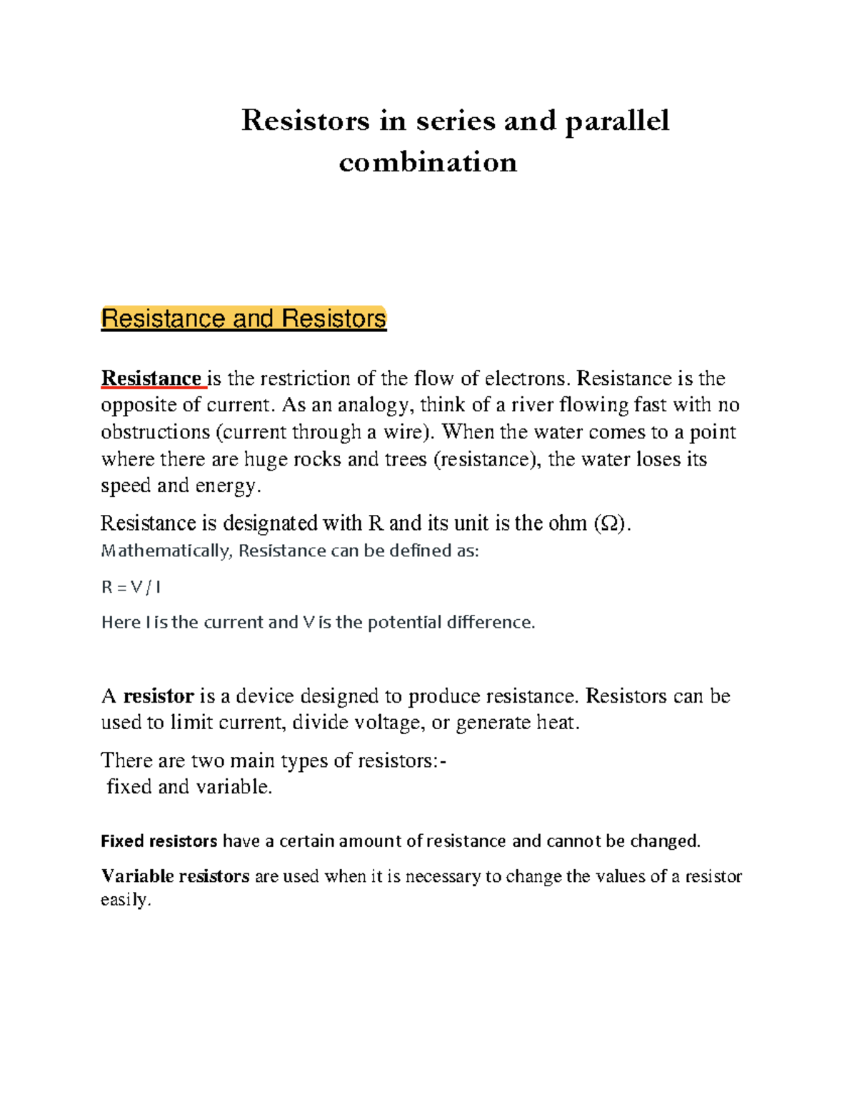 Resistors in series and parallel combination - Resistors in series and ...