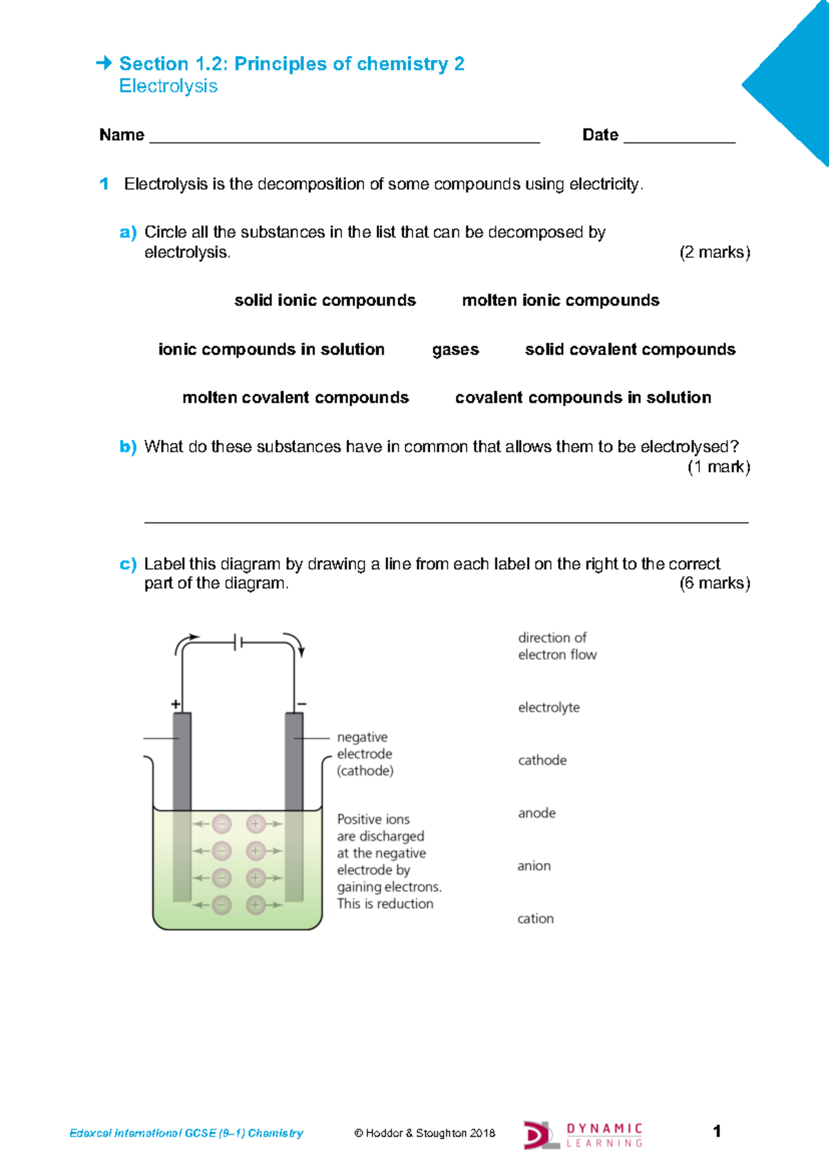 Worksheet-Electrolysis - ¢ Section 1: Principles of chemistry 2 ...