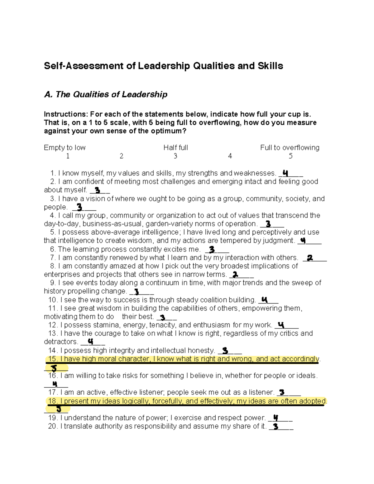 Self Assessment Activity - Self-Assessment of Leadership Qualities and ...