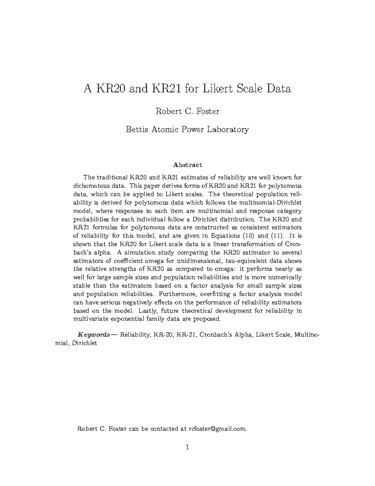 Likert KR20 Paper - wow - A KR20 and KR21 for Likert Scale Data Robert C. Foster Bettis Atomic ...