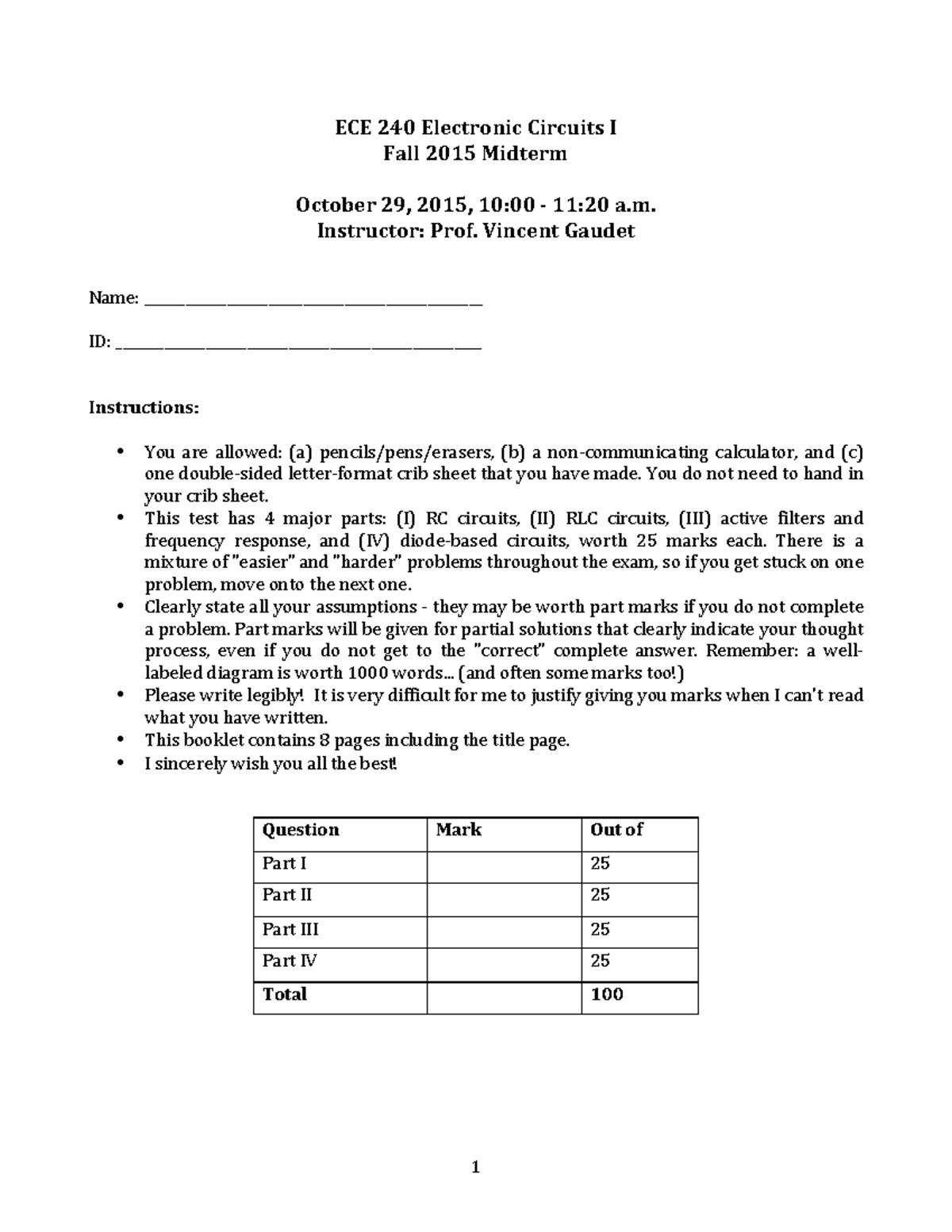 Midterm F2015 - Mid term - ECE 240 Electronic Circuits I Fall 2015 ...