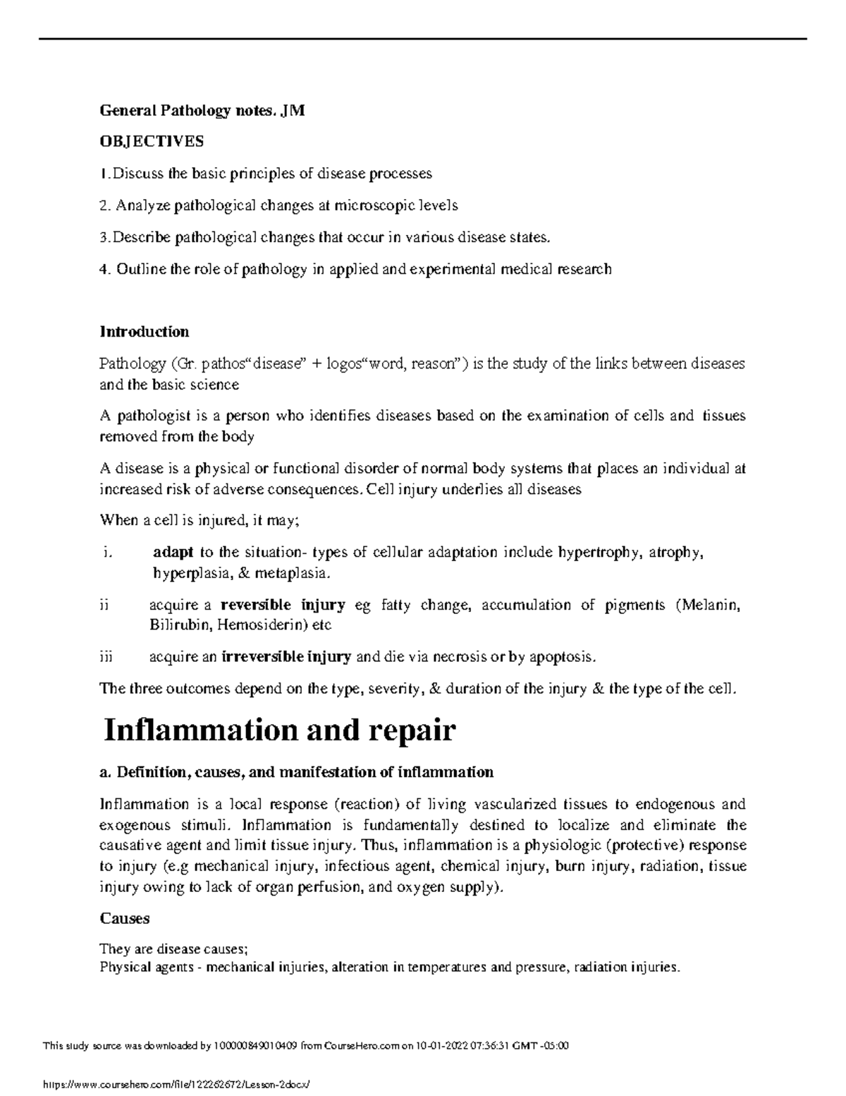 General Pathology notes;Lesson 2 - This study source was downloaded by ...