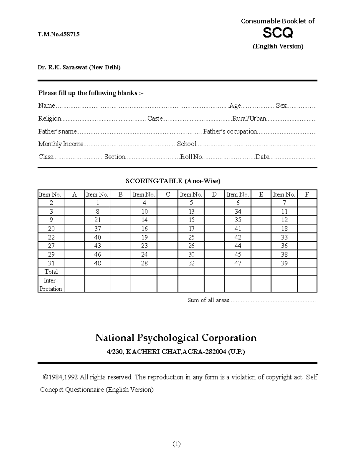SCQ manual - Please fill up the following blanks :- Name - Studocu
