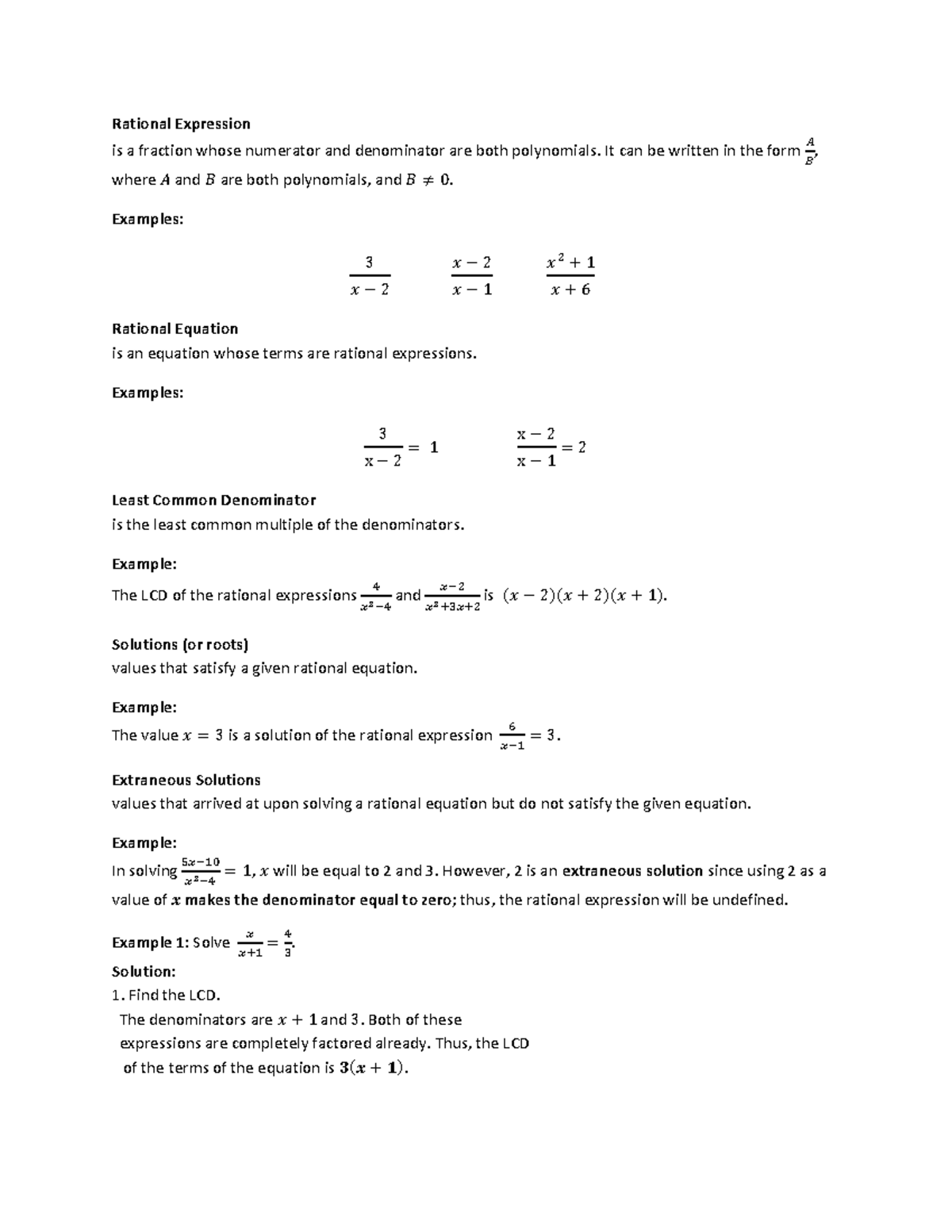Rational-Expression - Lecture notes 1 - Rational Expression is a ...