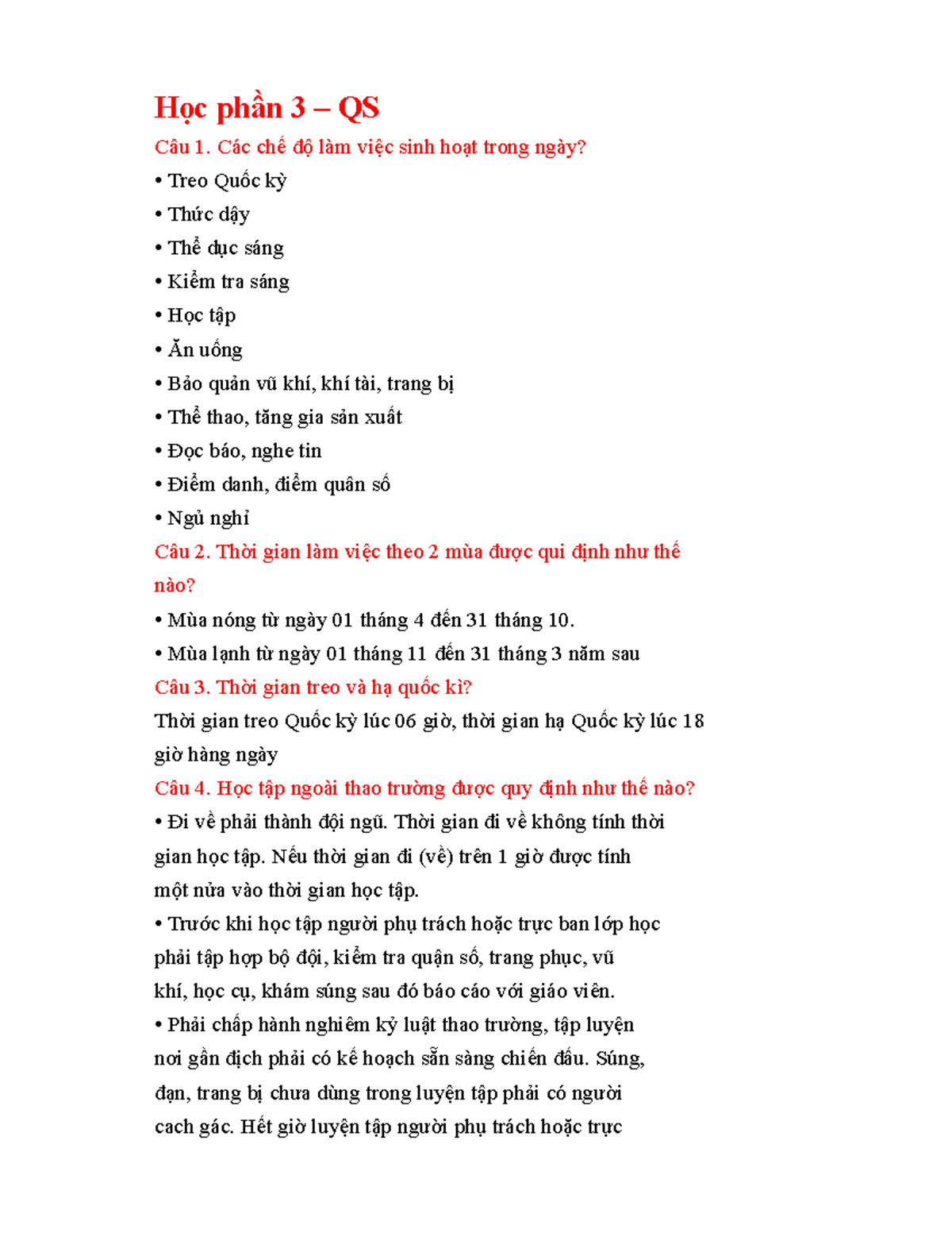 HP3 2 - Chúc may mắn - Học phần 3 – QS Câu 1. Các chế độ làm việc sinh hoạt trong ngày? Treo ...