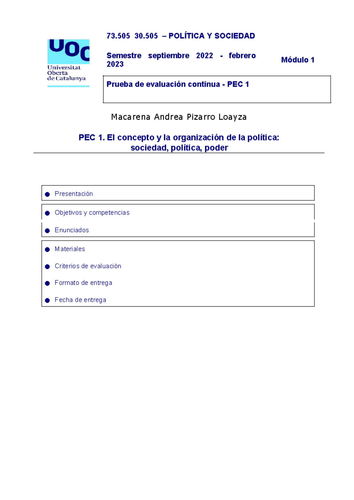 73507 30505 PEC1 Pizarro Loayza - 73 30 – POLÍTICA Y SOCIEDAD Semestre septiembre 2022 - febrero ...