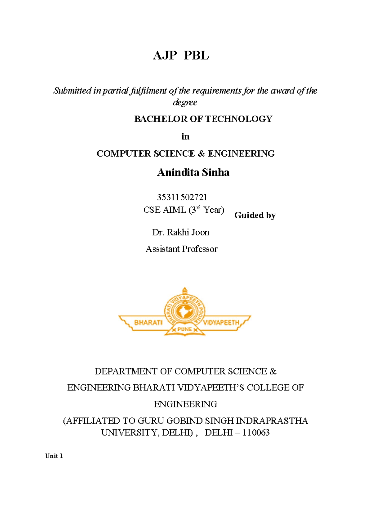 Java pbl - AJP PBL Submitted in partial fulfilment of the requirements for the award of the ...