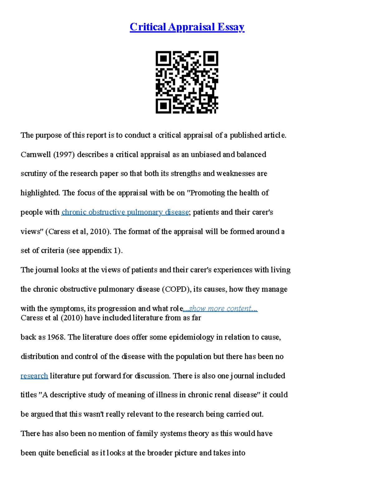 Sample Of A Critical Essay - Critical Appraisal Essay The purpose of ...