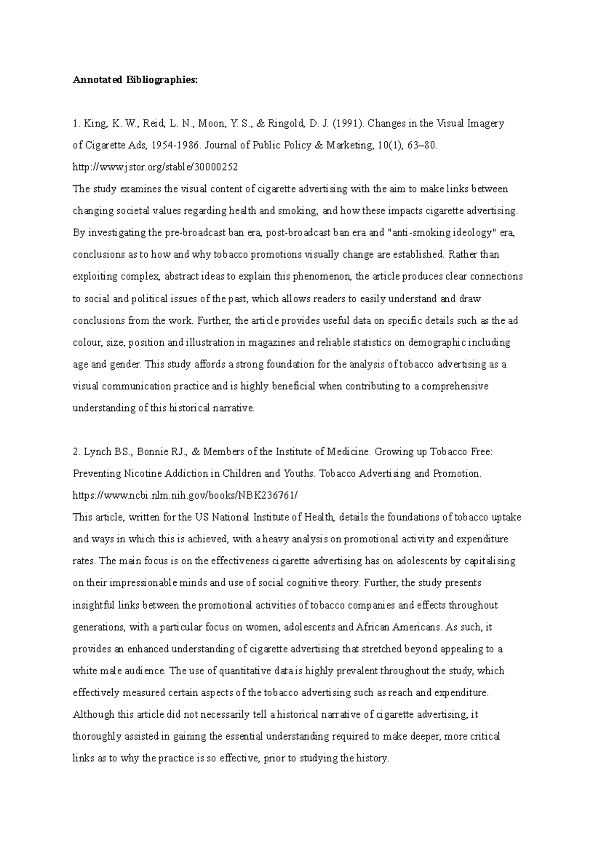 Tobacco Advertising Annotated Bibliographies - Annotated Bibliographies ...