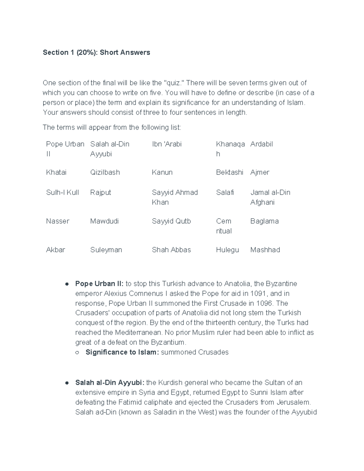Islam Final EXAM Review - Section 1 Short Answers One section of the ...