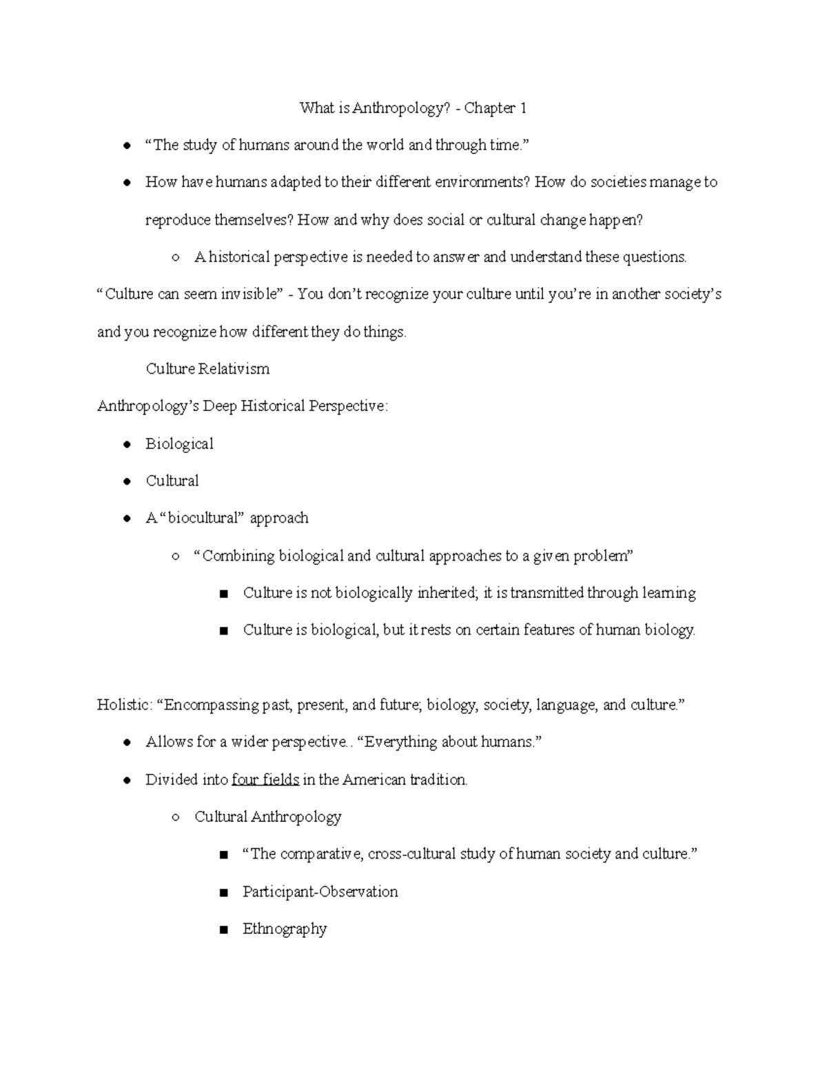 Anthro Notes - What is Anthropology? - Chapter 1 “The study of humans ...