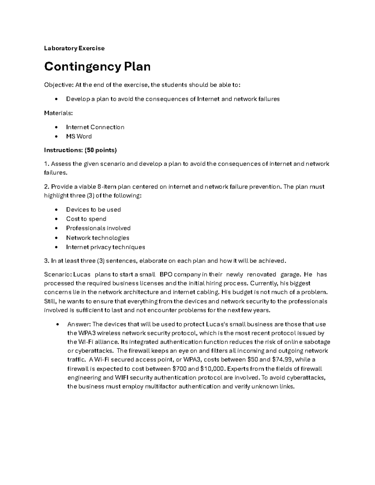 Contingency Plan - lecture - Laboratory Exercise Contingency Plan ...