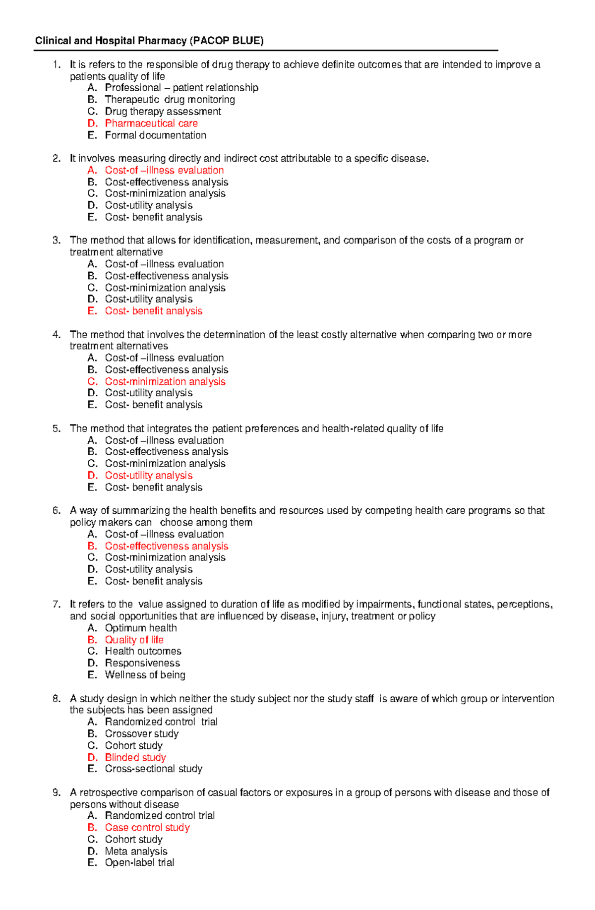 Clinical and Hospital Pharmacy Answer Key - BLUE Pacop-1 - Clinical and ...