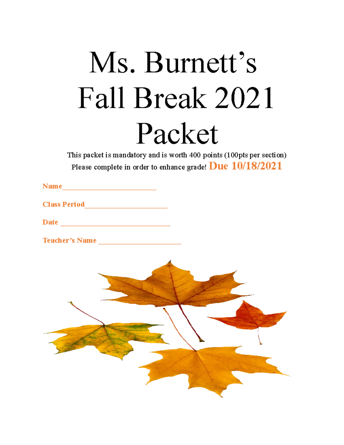 Burnett Fall 2021 Packet - Ms. Burnett’s Fall Break 2021 Packet This ...