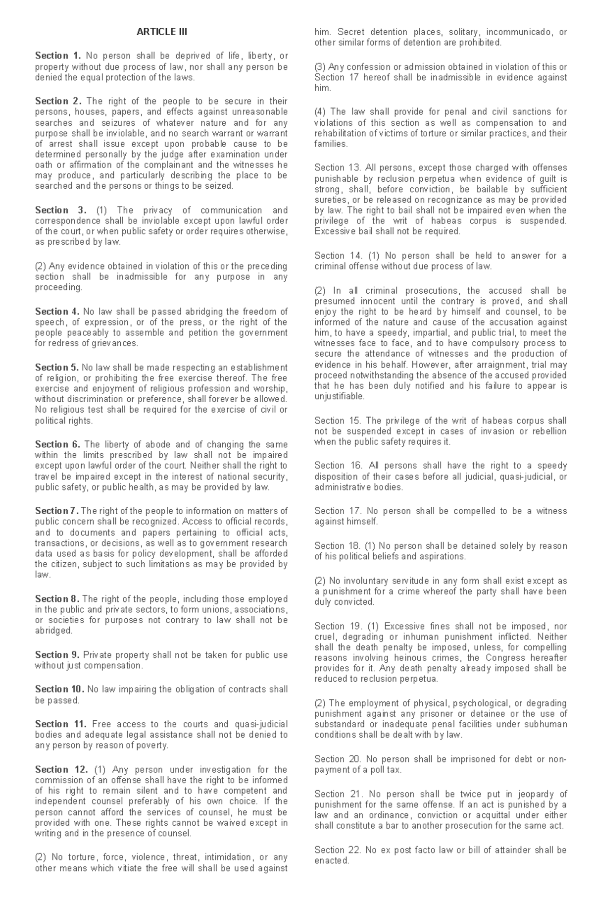 Article III BILL OF Rights - ARTICLE III Section 1. No person shall be deprived of life, liberty ...