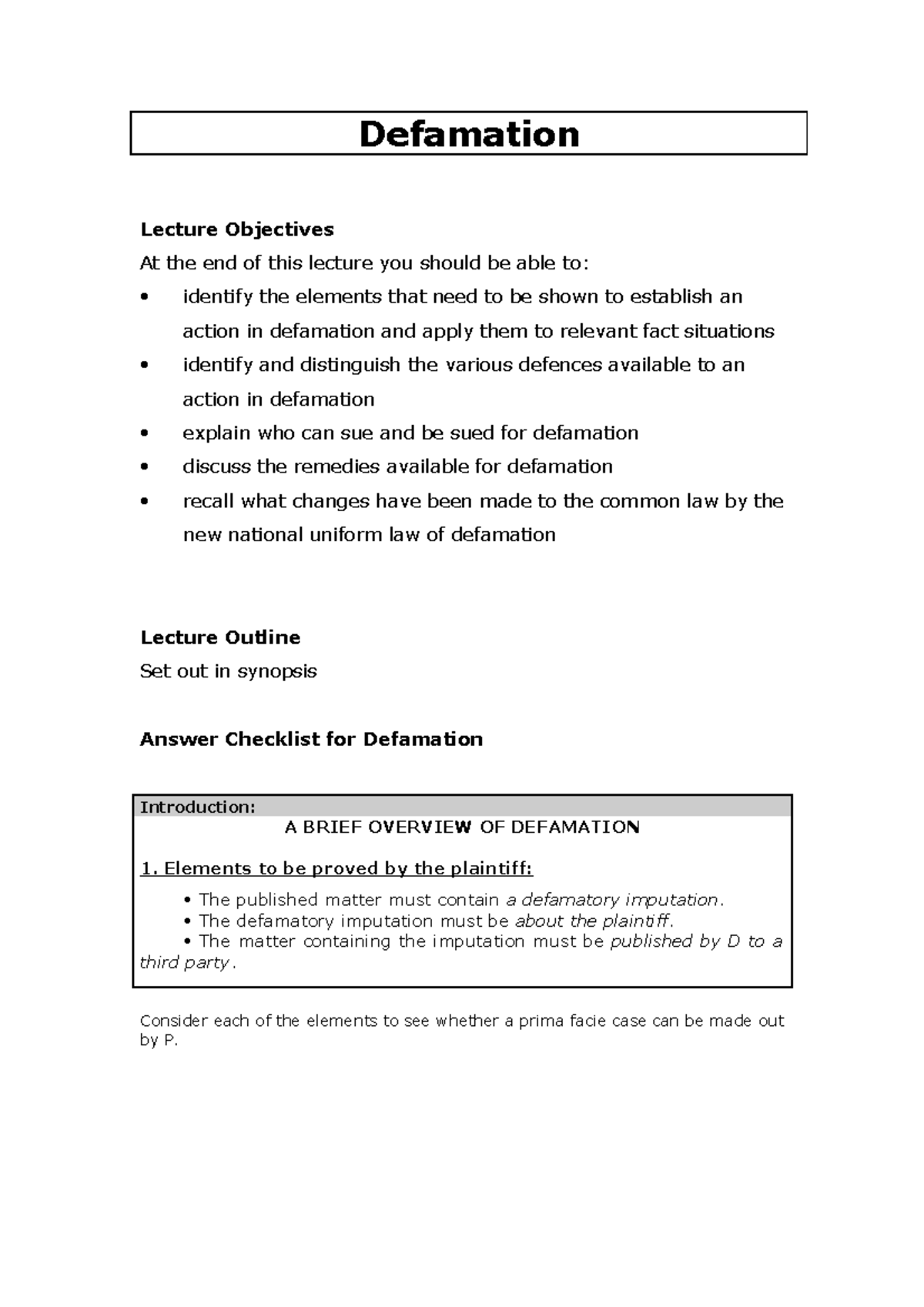 Defamaion Notes - Defamation Lecture Objectives At the end of this ...