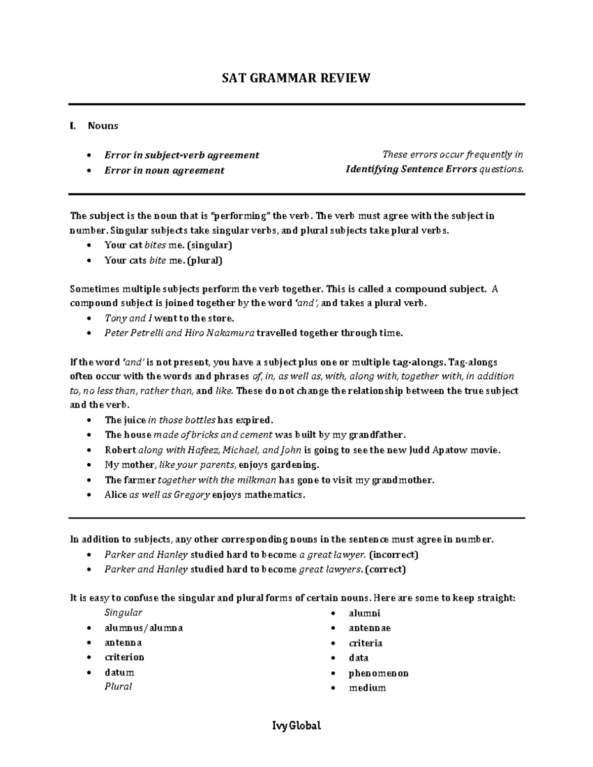 SAT grammar notes - Ivy Global SAT GRAMMAR REVIEW I. Nouns Error in ...