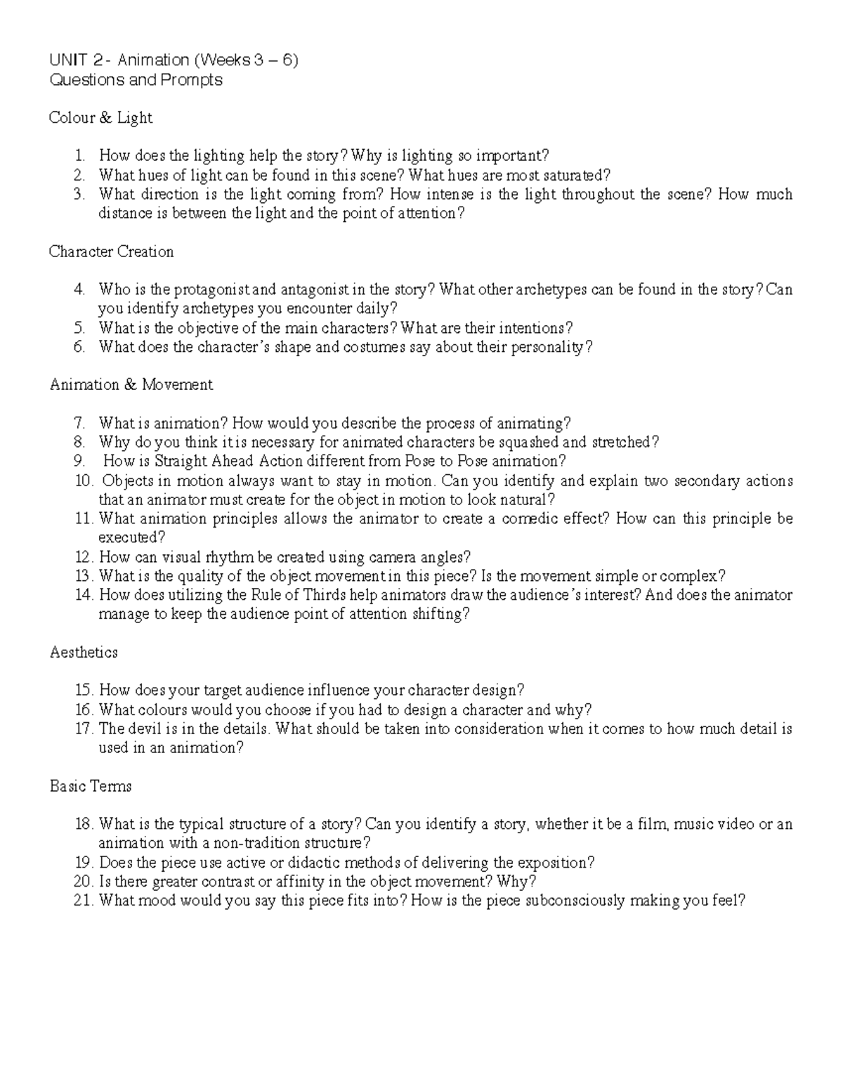 UNIT 2 - Animation Prompts - UNIT 2 - Animation (Weeks 3 – 6) Questions ...