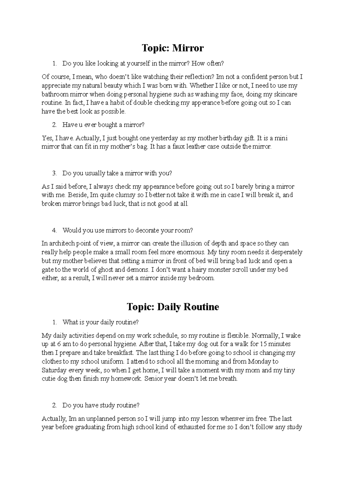 Speaking Part 1 my preparation - Topic: Mirror Do you like looking at ...