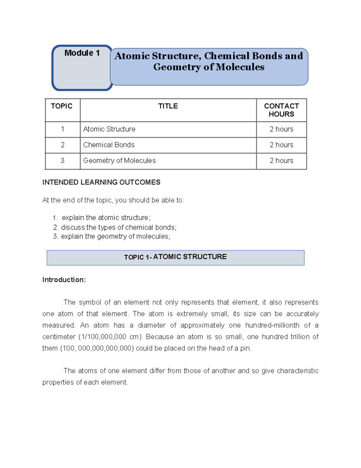 Module 1- Quali AND Quanti CHEM - TOPIC TITLE CONTACT HOURS 1 Atomic Structure 2 hours 2 ...