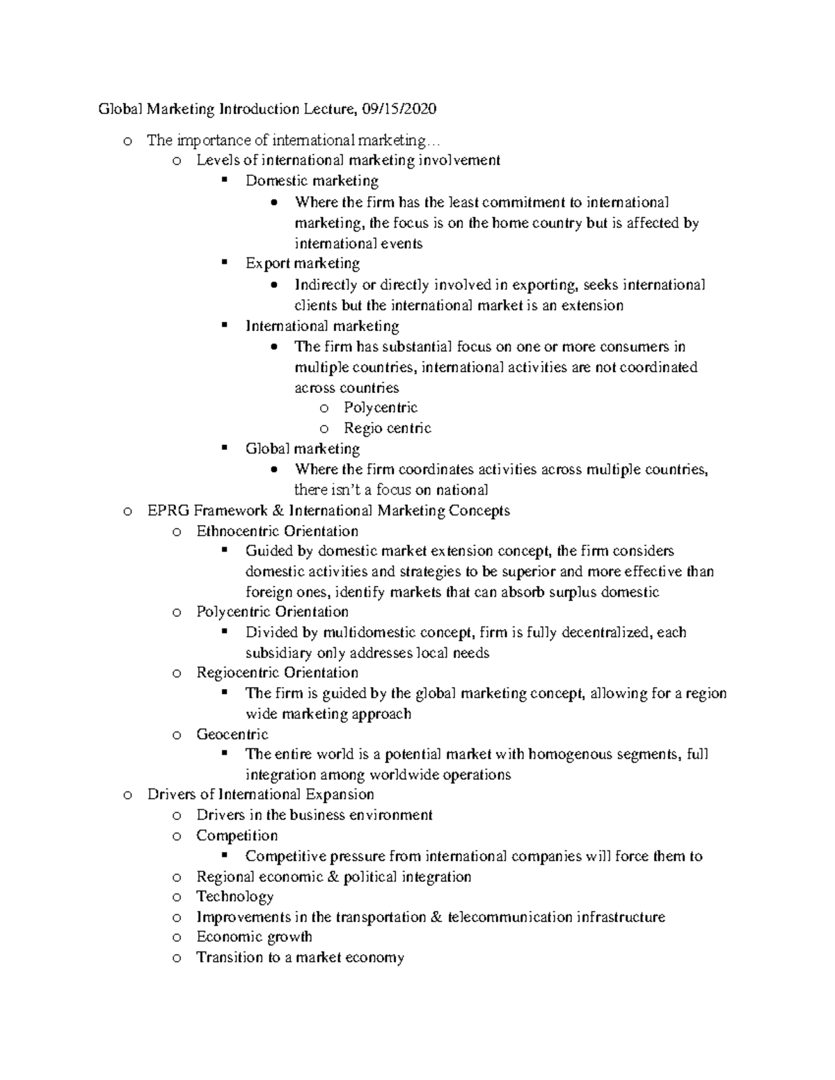 MKTG 401 Notes - Global Marketing Introduction Lecture, 09/15/ o The ...