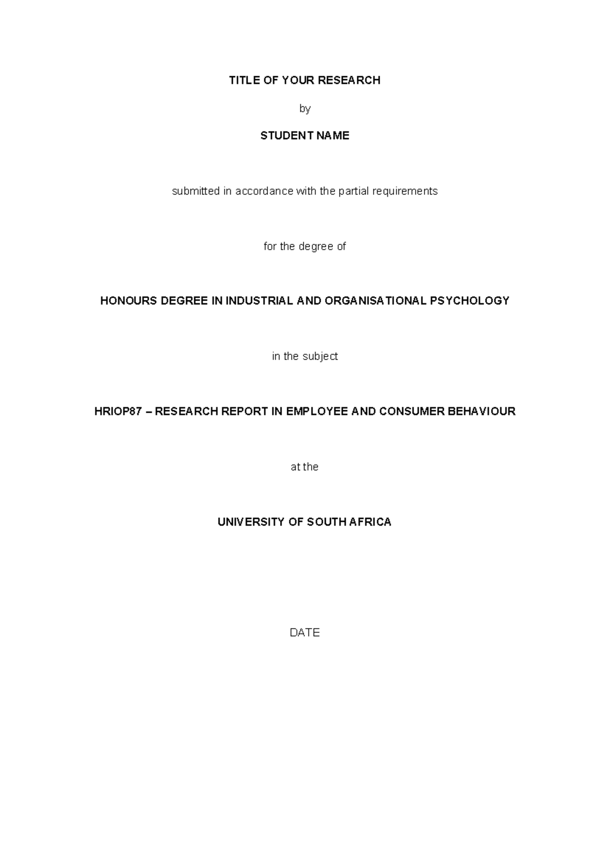 Research report template - TITLE OF YOUR RESEARCH by STUDENT NAME ...