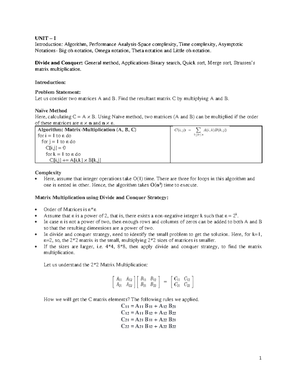 UNIT-I-Strassens Matrix Multiplication - UNIT – I Introduction: Algorithm, Performance - Studocu