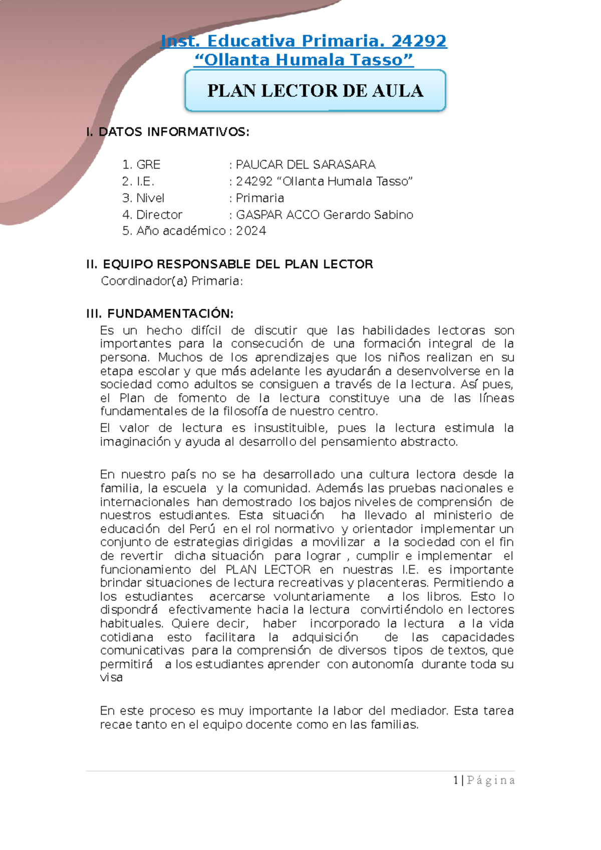 PLAN Lector Primaria 4to Grado - “Ollanta Humala Tasso” PLAN LECTOR ...