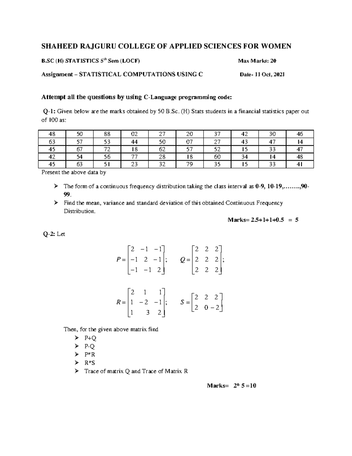 Assignment 1 C Language Shaheed Rajguru College Of Applied Sciences For Women B H Statistics 