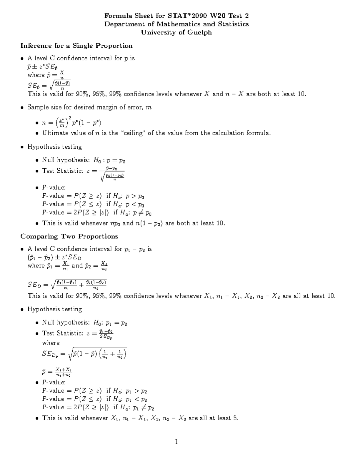 Formula sheet 2 2090 2020 - Formula Sheet for STAT*2090 W19 Test 2 ...