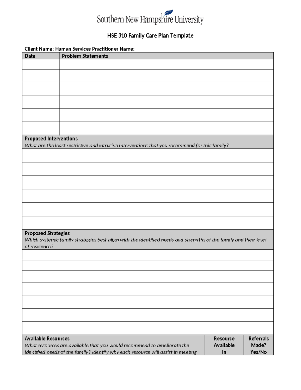 HSE 310 Family Care Plan Template - HSE 310 Family Care Plan Template ...