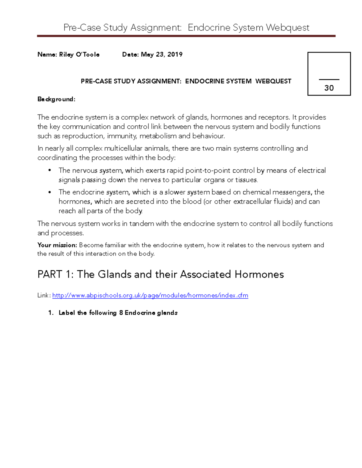 2019 Pre-culminating Endocrine System Webquest - Name: Riley O’Toole ...