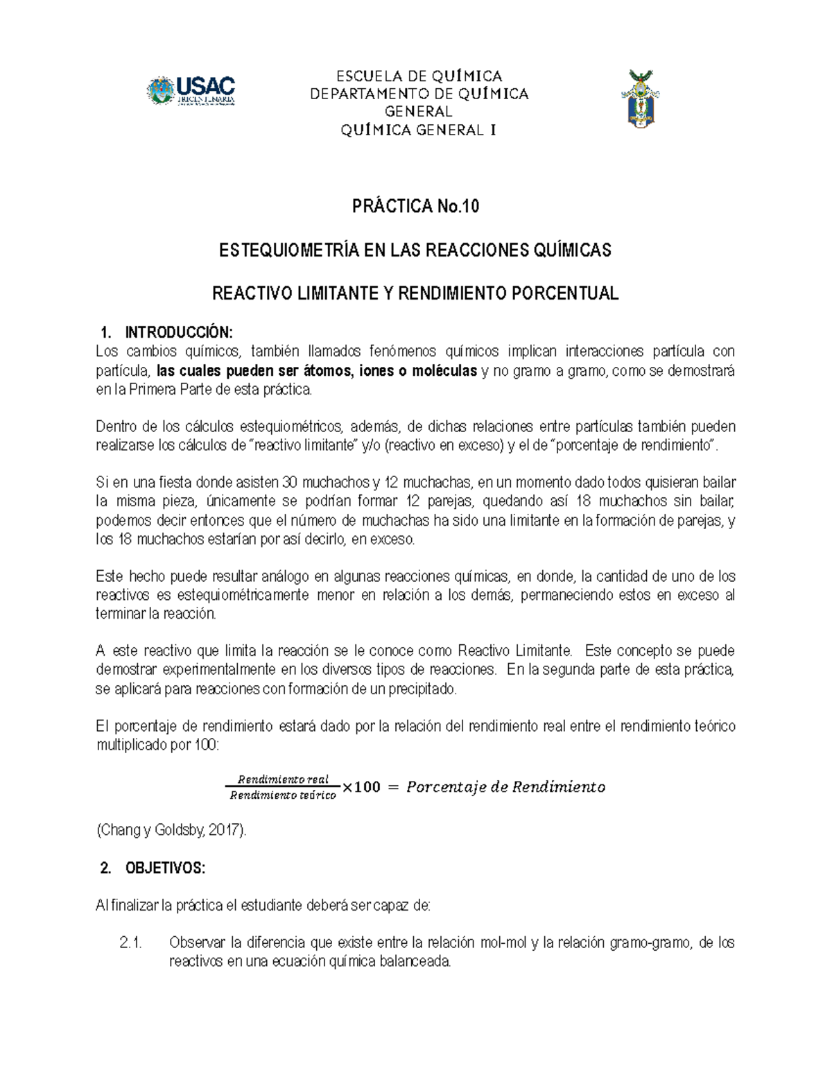 Práctica No. 10 Estequiometría de las reacciones químicas - ESCUELA DE QUÍMICA DEPARTAMENTO DE ...