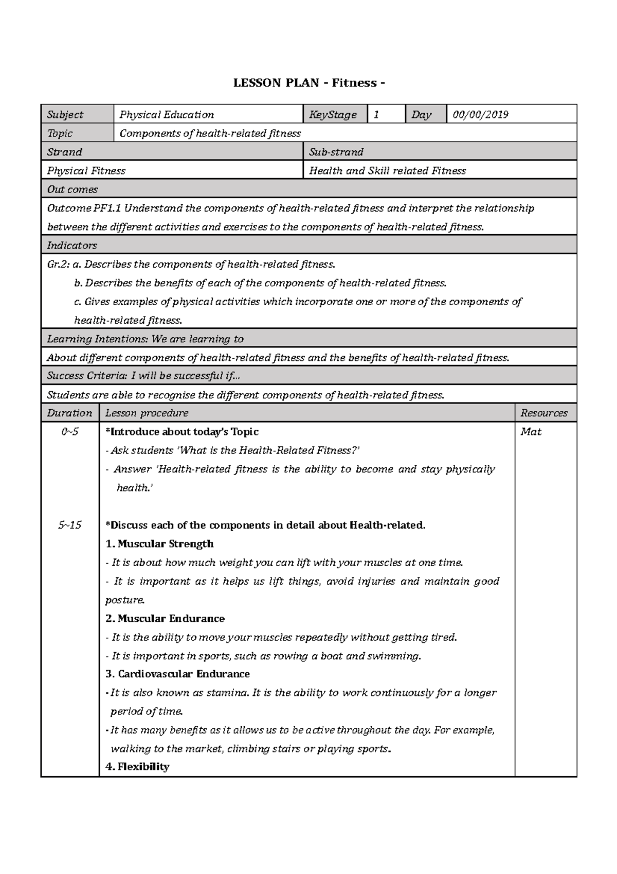 Fitness Word - For your reference - LESSON PLAN - Fitness - Subject ...