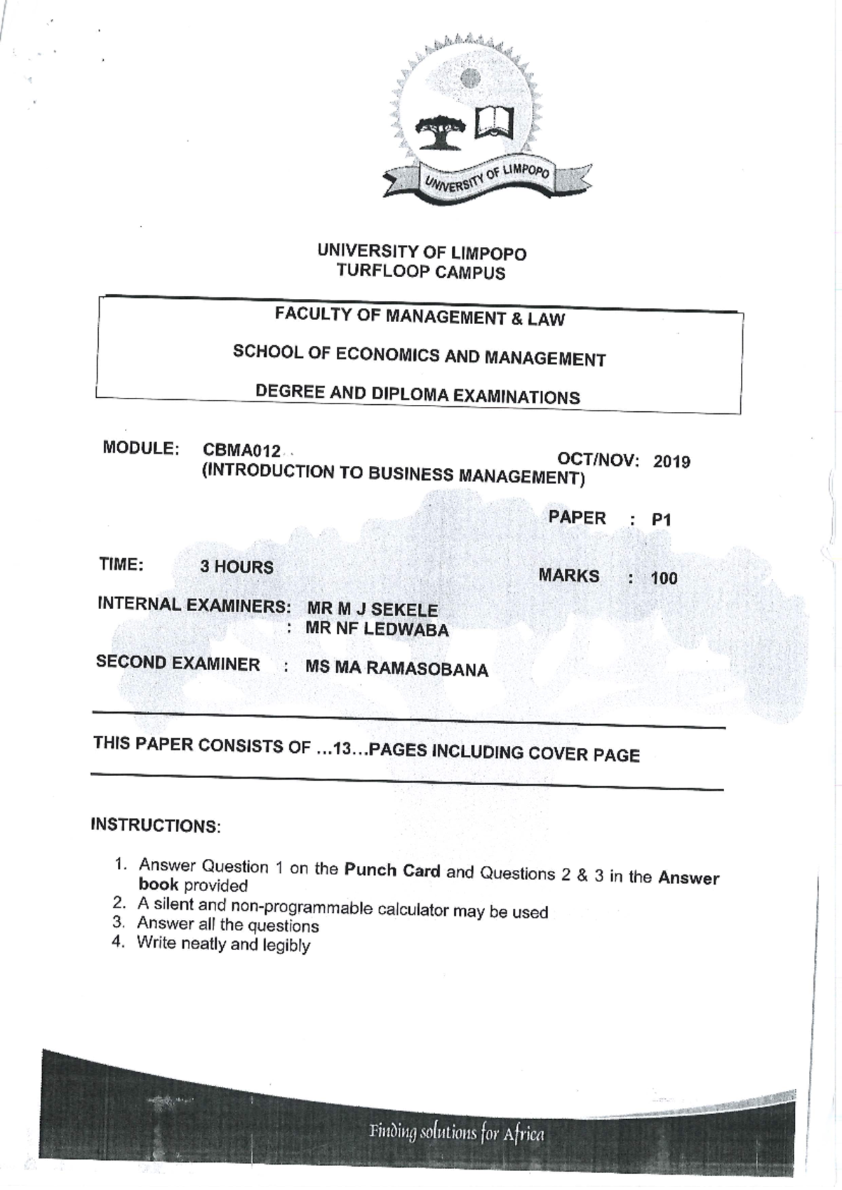CBMA012 OCT-NOV 2019 edited - UNIVERSITY OF LIMPOPO UNIVERSITY OF ...