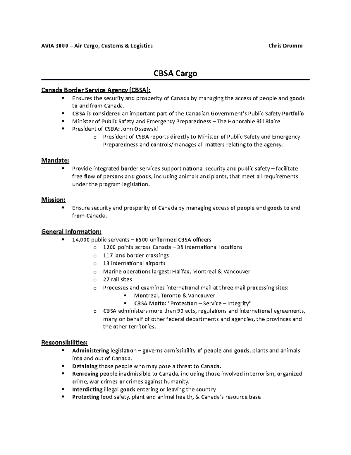 CBSA Cargo - AVIA 3000 - Lecture notes 10 - AVIA 3000 – Air Cargo ...