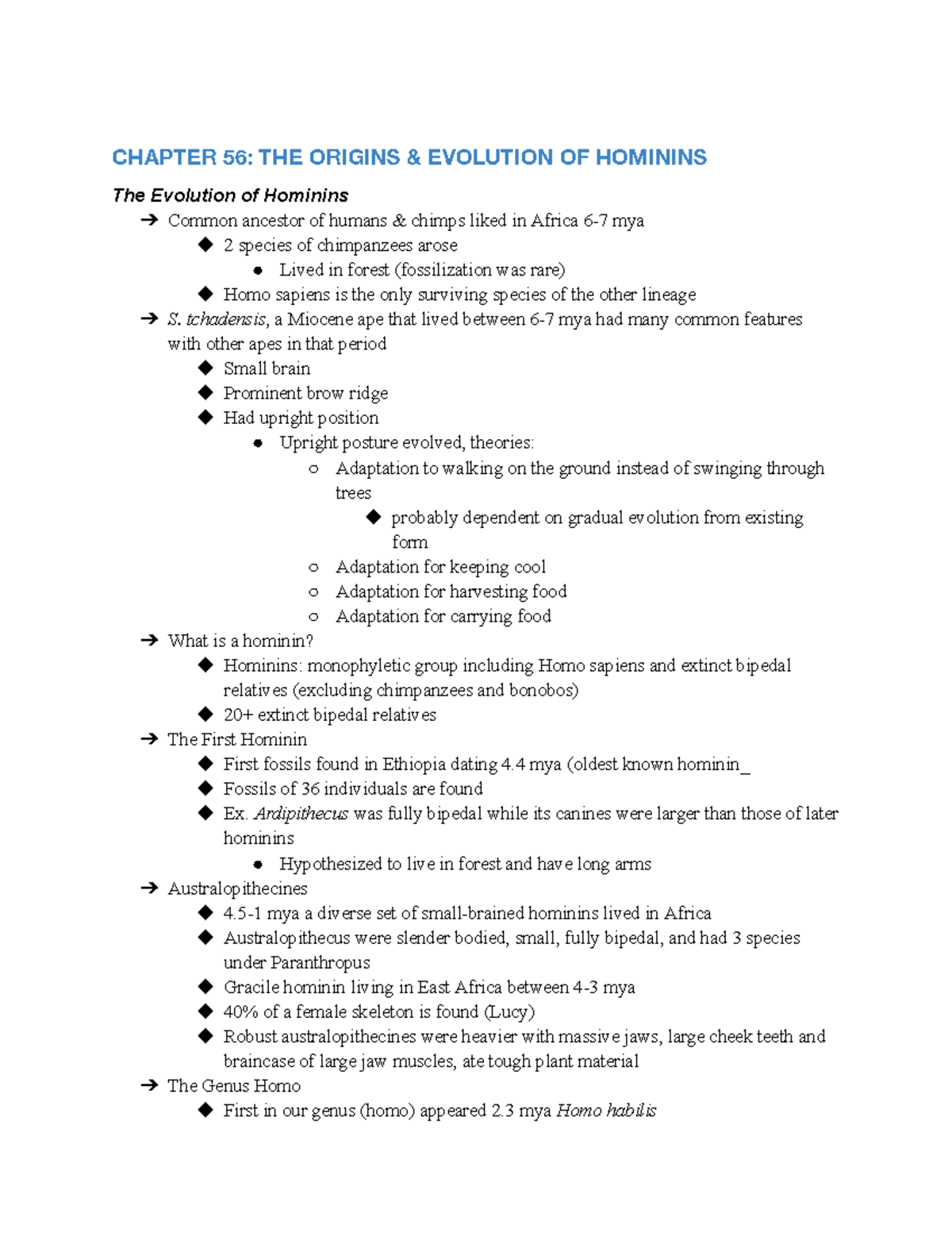 Biology 1M03 Chapter 56 THE Origins + Evolution OF Hominins - CHAPTER ...