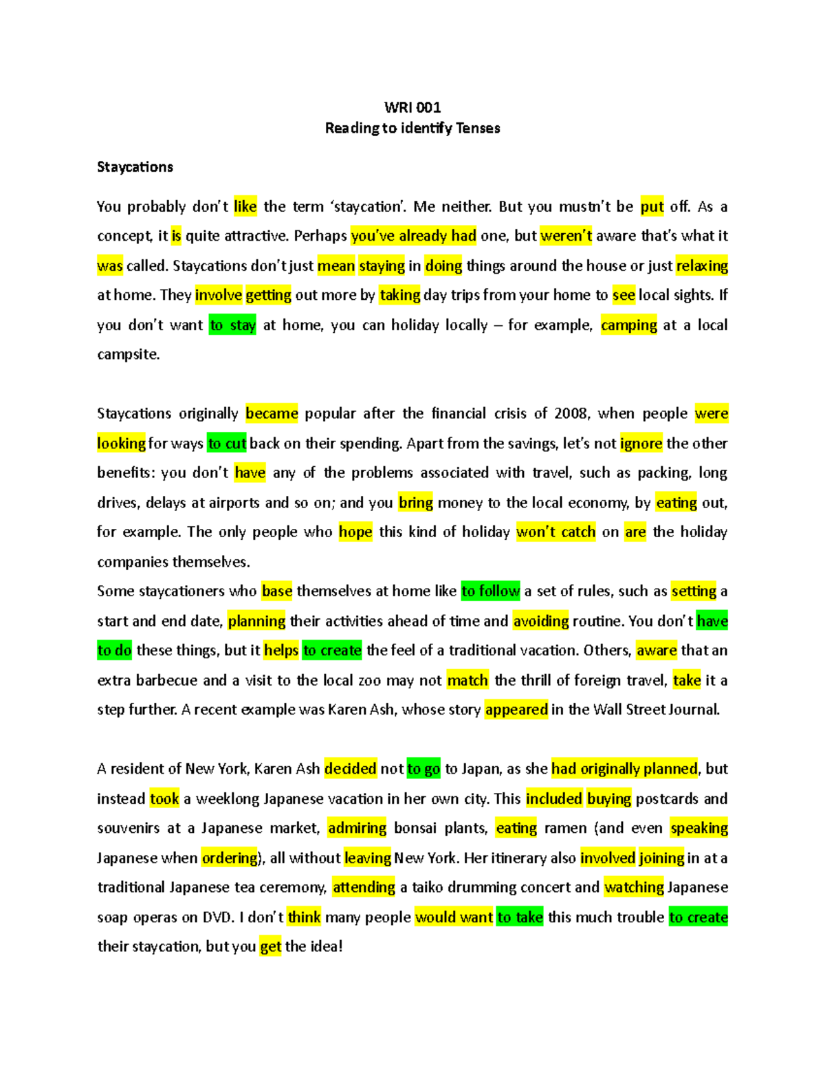 Reading for Tenses WRI 001 - Academic Writing - Studocu