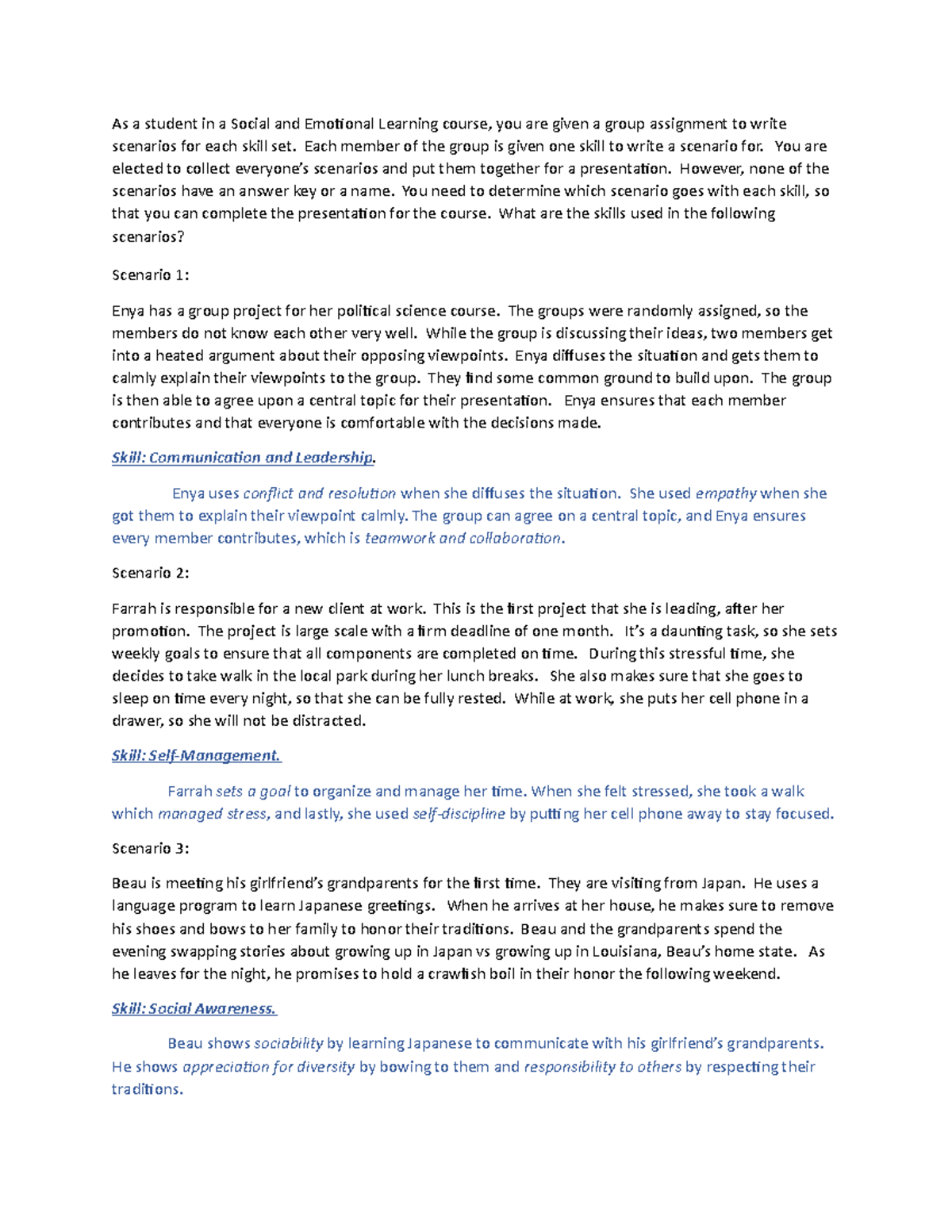 SEL paragraph scenarios - As a student in a Social and Emotional ...