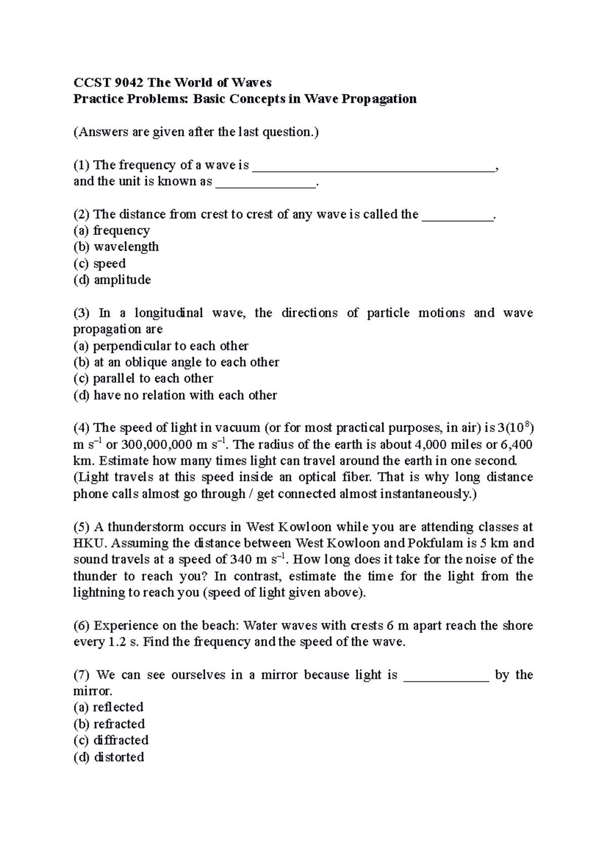 Practice Problems Basic Concepts 1 - CCST 9042 The World of Waves Practice Problems: Basic ...