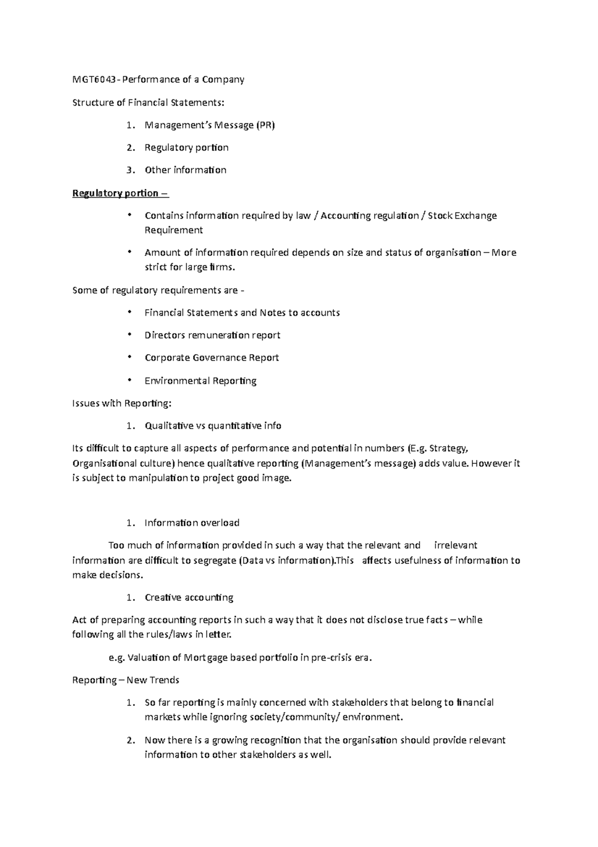 MGT6043 p1 - MGT6043- Performance of a Company Structure of Financial ...