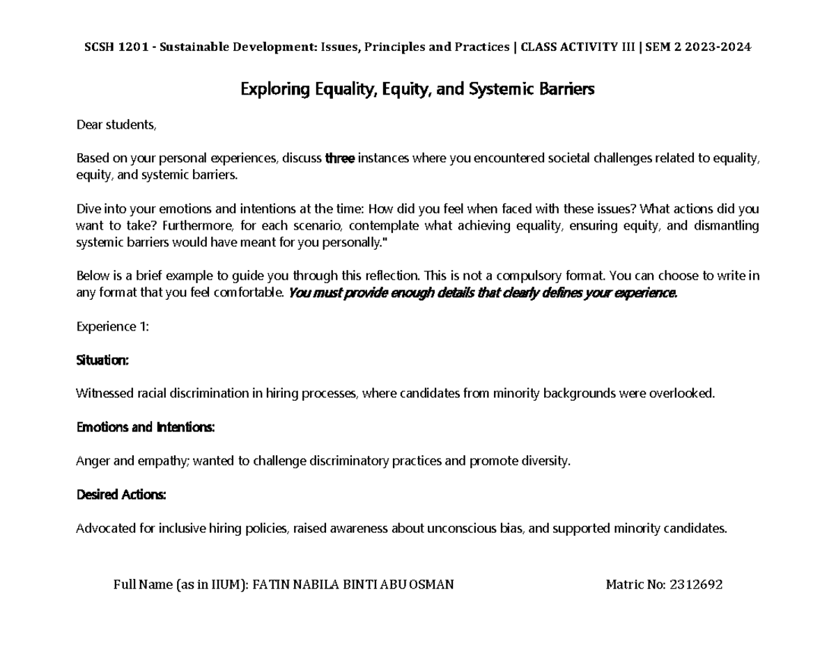 Exploring Equality Equity and Systemic Barriers - SCSH 1201 ...