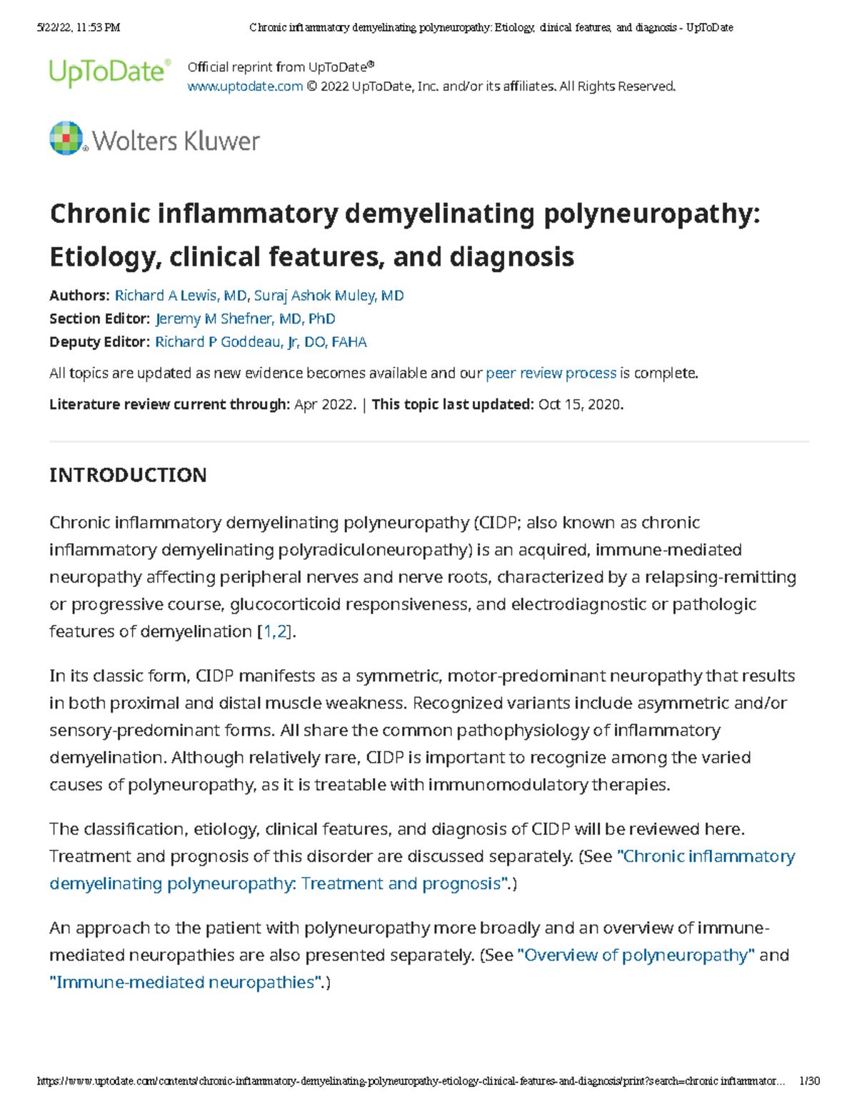 Chronic inflammatory demyelinating polyneuropathy Etiology, clinical features, and diagnosis ...