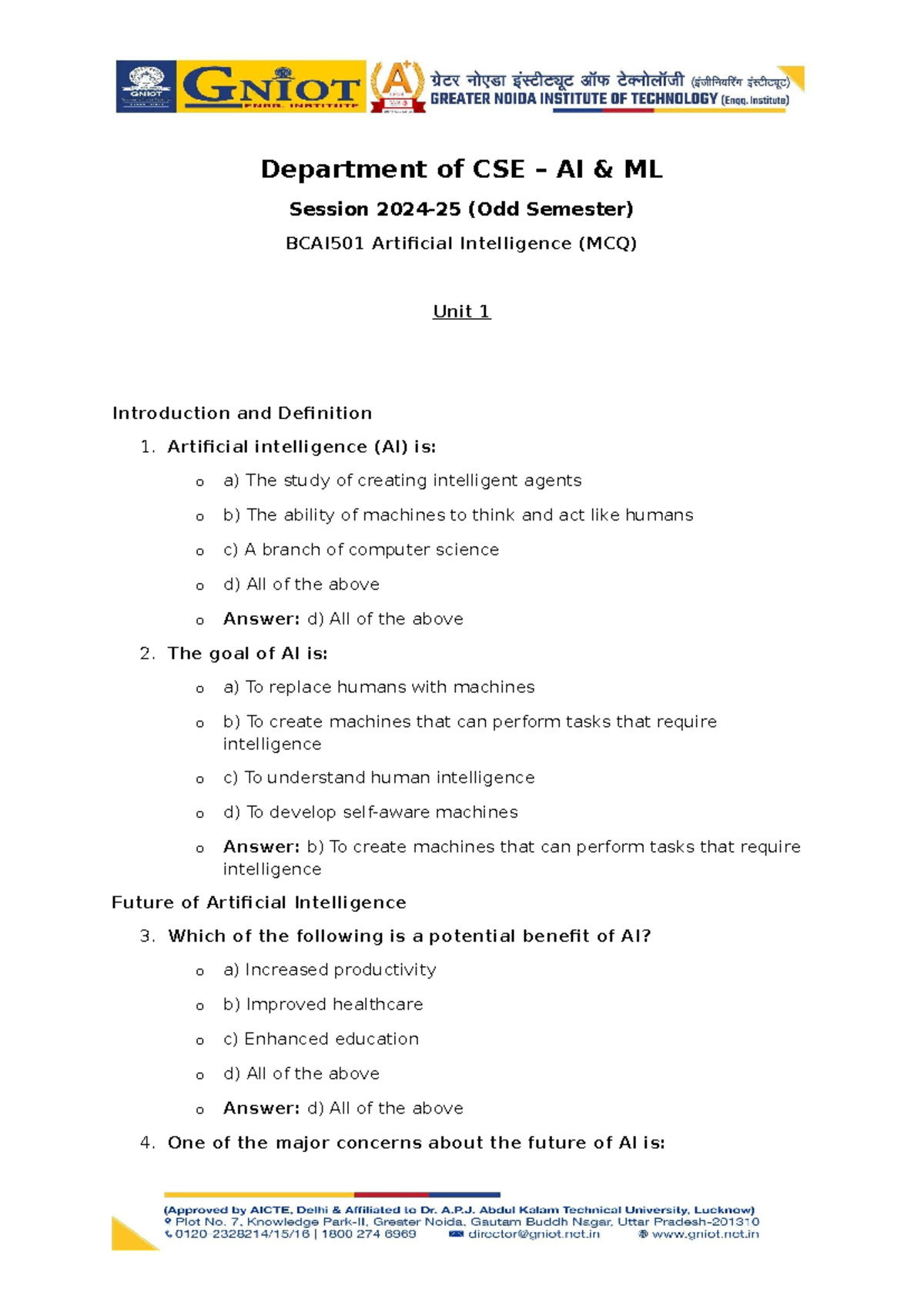 Mcq Ai Its A Practice Material For Mcq Practice Department Of Cse Ai And Ml Session 2024 25