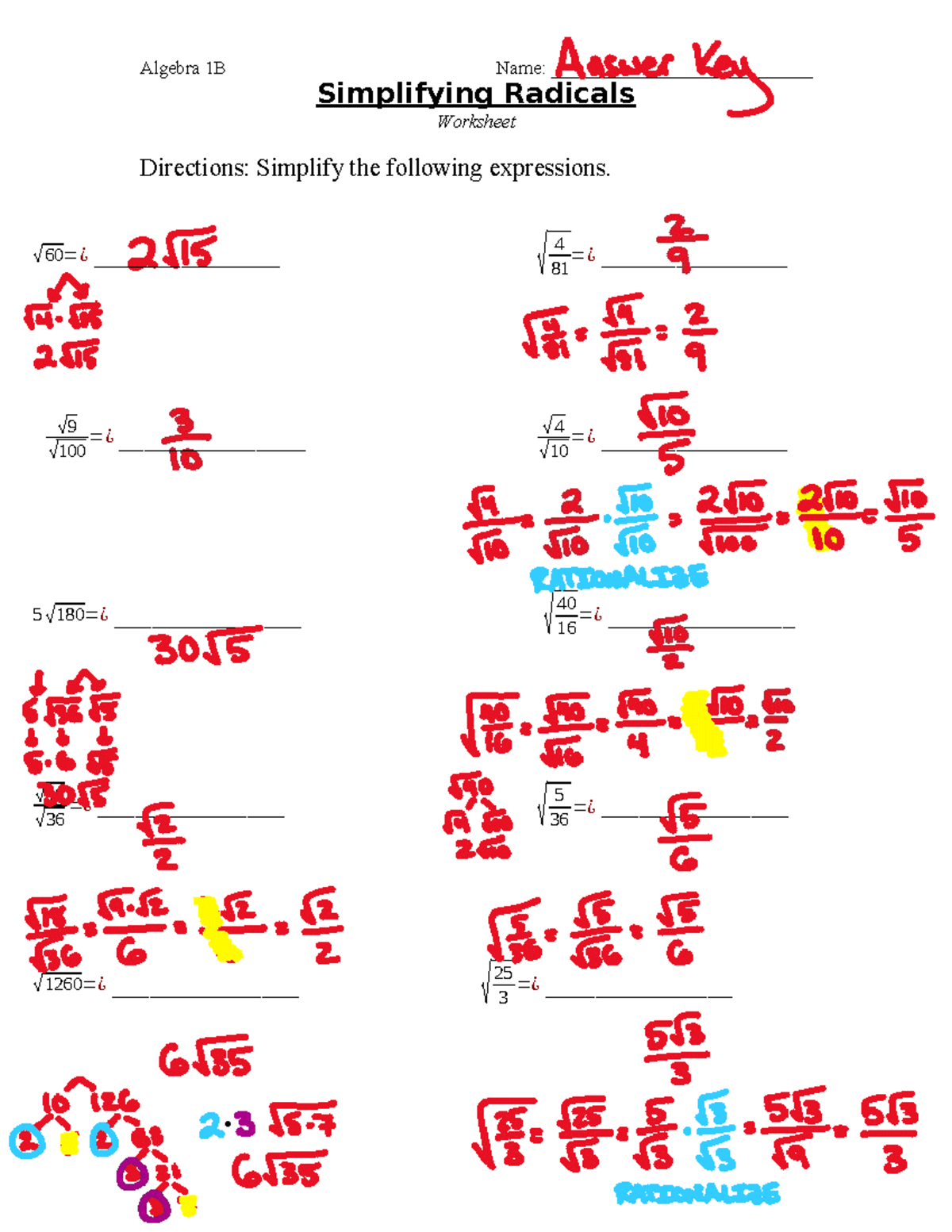 Lesson 8.1 - Simplifying Radicals Worksheet Solutions - Algebra 1B Name ...