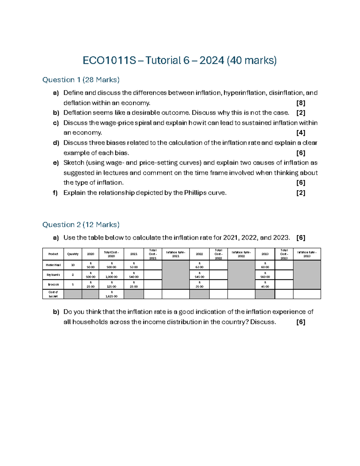 Tutorial Submission 6 - TUT 6 ECOS1011 - ECO1011S – Tutorial 6 – 2024 (40 marks) Question 1 (28 ...