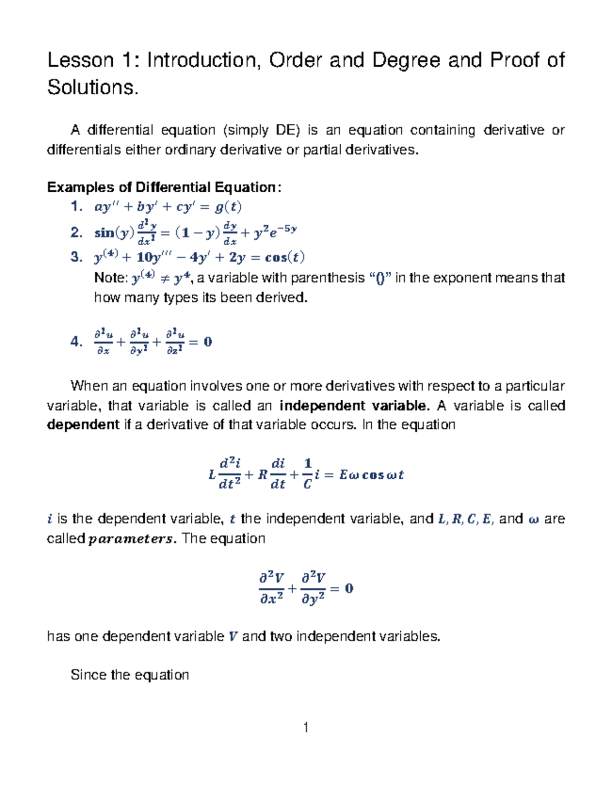 Lesson 1. Order, Degree and Proof of Solutions in DE - Lesson 1: Introduction, Order and Degree ...