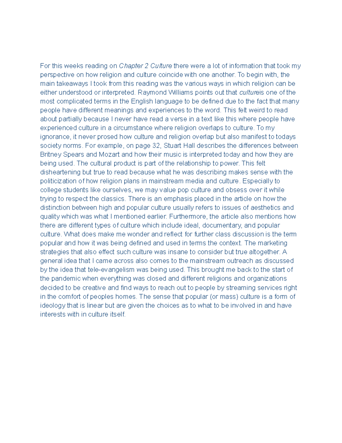 RLST 15 - essay - For this weeks reading on Chapter 2 Culture there ...